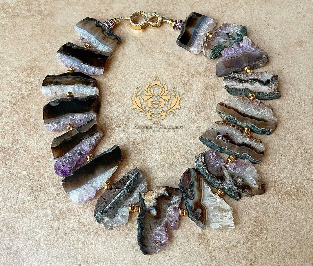 Aimee Fuller Amethyst Geode Crystal Slice Statement Necklace 24K Gold ...