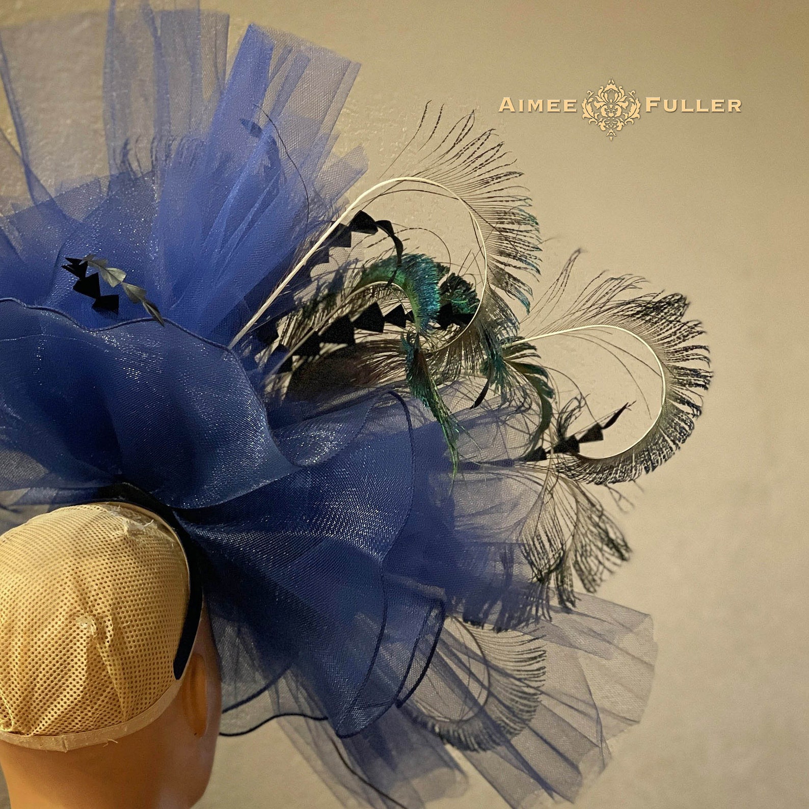 Aimee Fuller Kentucky Derby Hat, Blue Fascinator, Huge Peacock Feathers ...