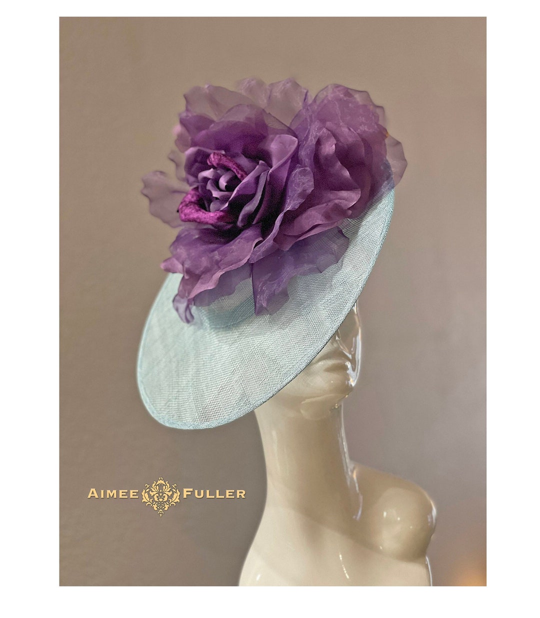 Kentucky Derby Hat, Light Powder Blue Sinamay Deep Purple Rose Flower ...