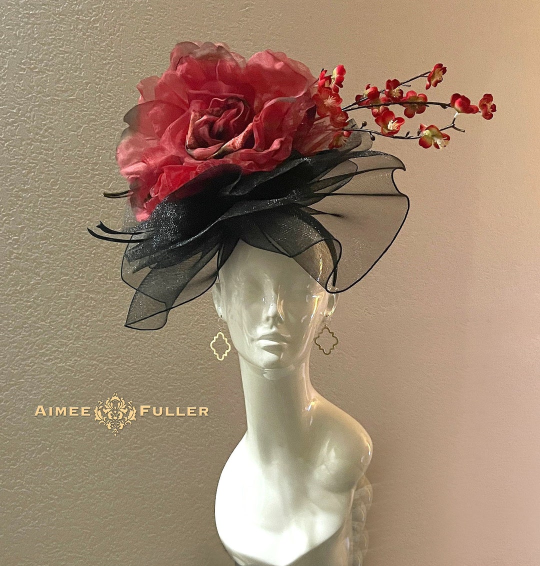 Kentucky Derby Hat Fascinator, High Tea Hat, Black Red Flower Hat ...