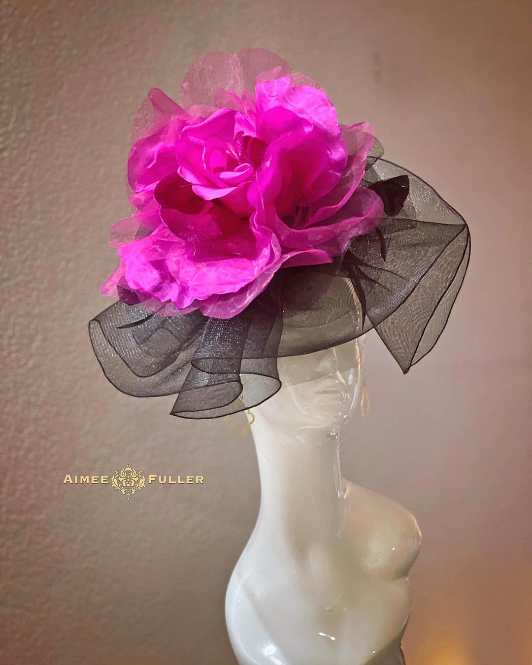 High Tea Cocktail Hat, Black Ruffled Fascinator, Hot Pink Fuchsia Rose ...
