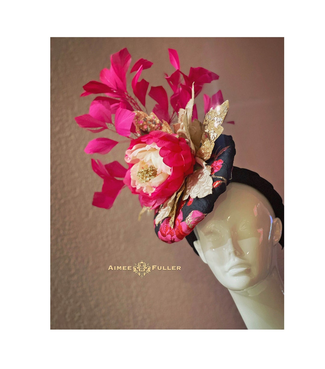 Kentucky Derby Hat Fascinator, Hot Pink Fuchsia Cream Gold Black Floral ...