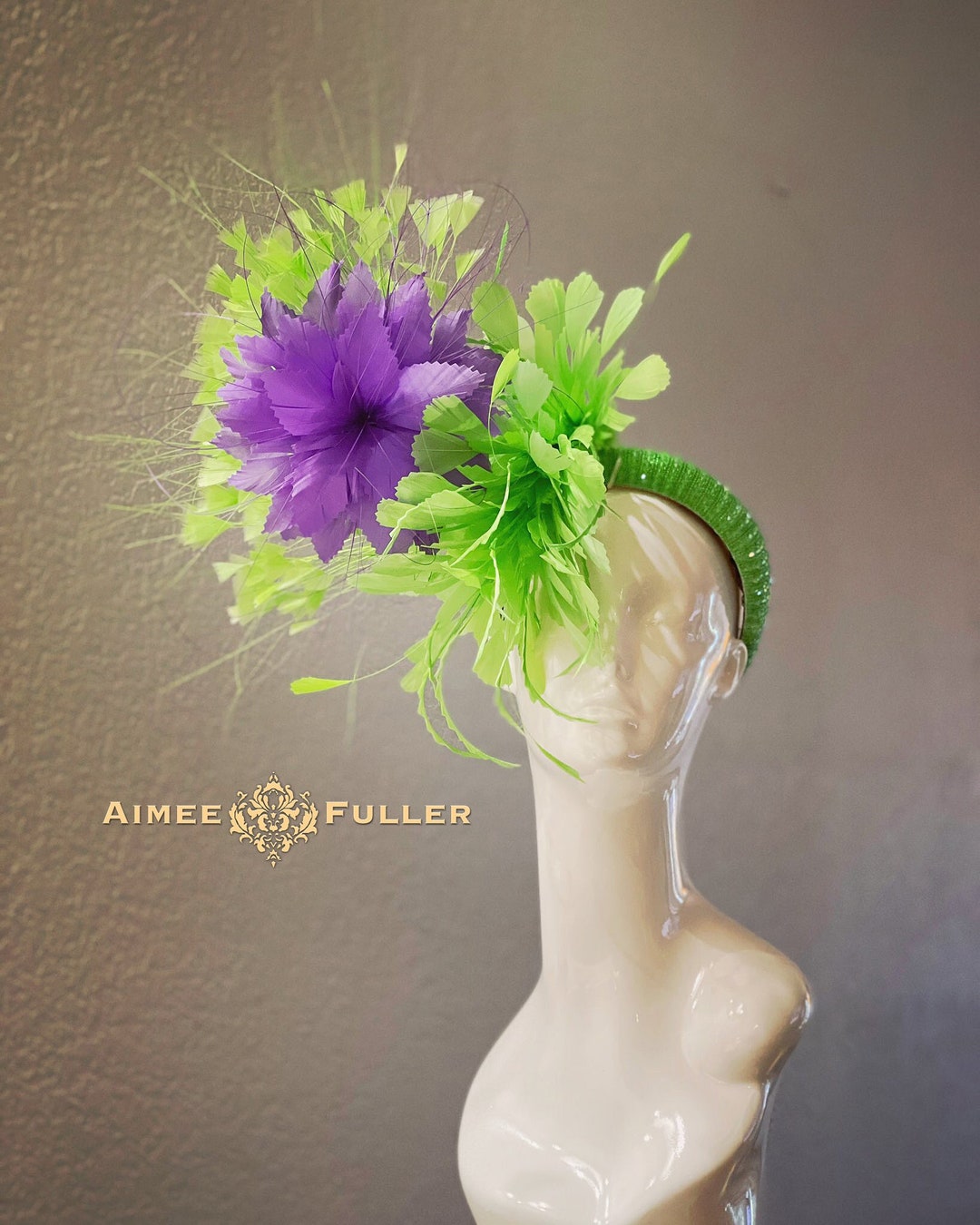 Kentucky Derby Hat Fascinator, Apple Green and Purple Fancy Feather Hat ...