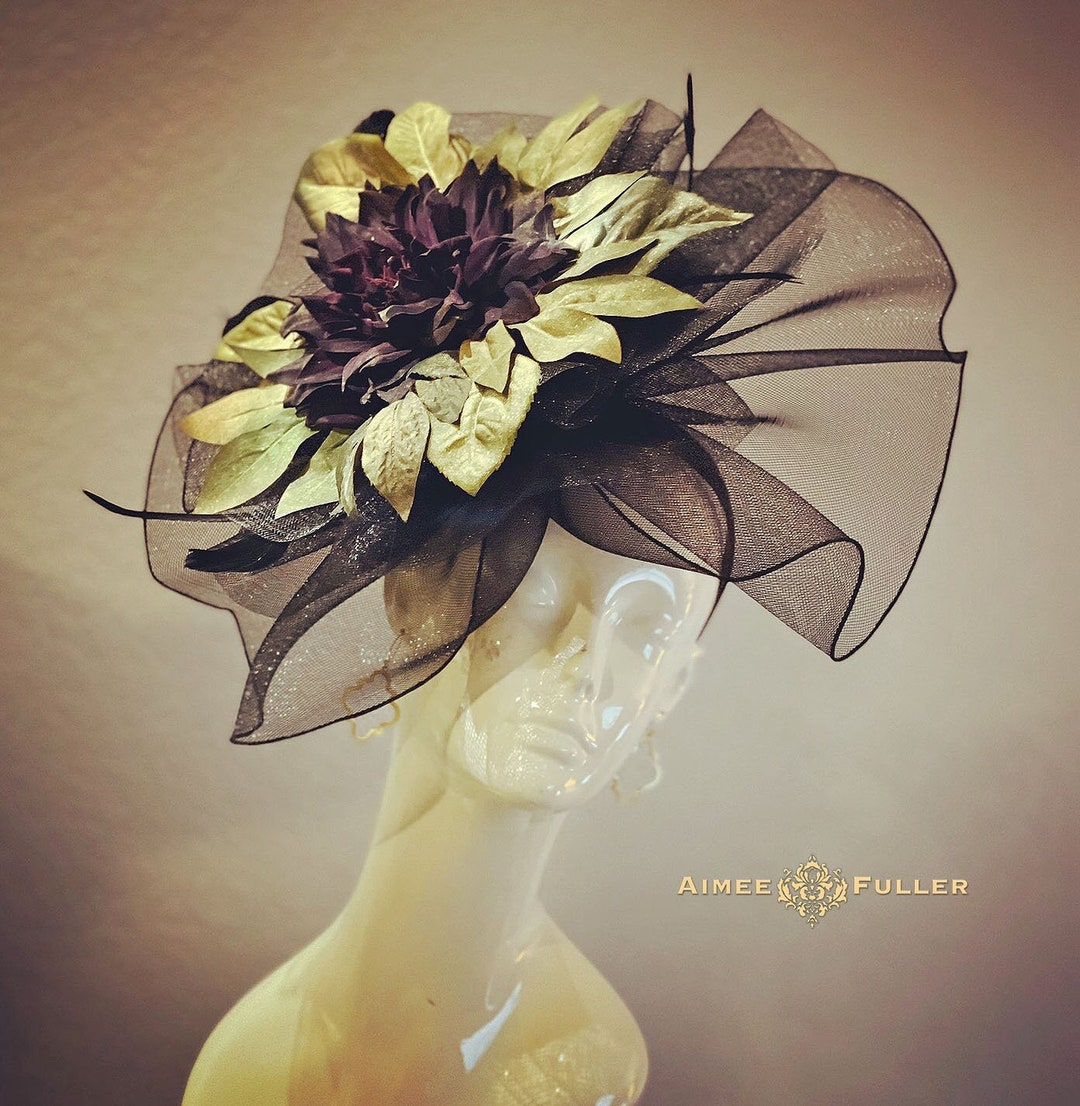 Kentucky Derby Hat Fascinator, Black Hat, Gold Leaf Dark Eggplant ...