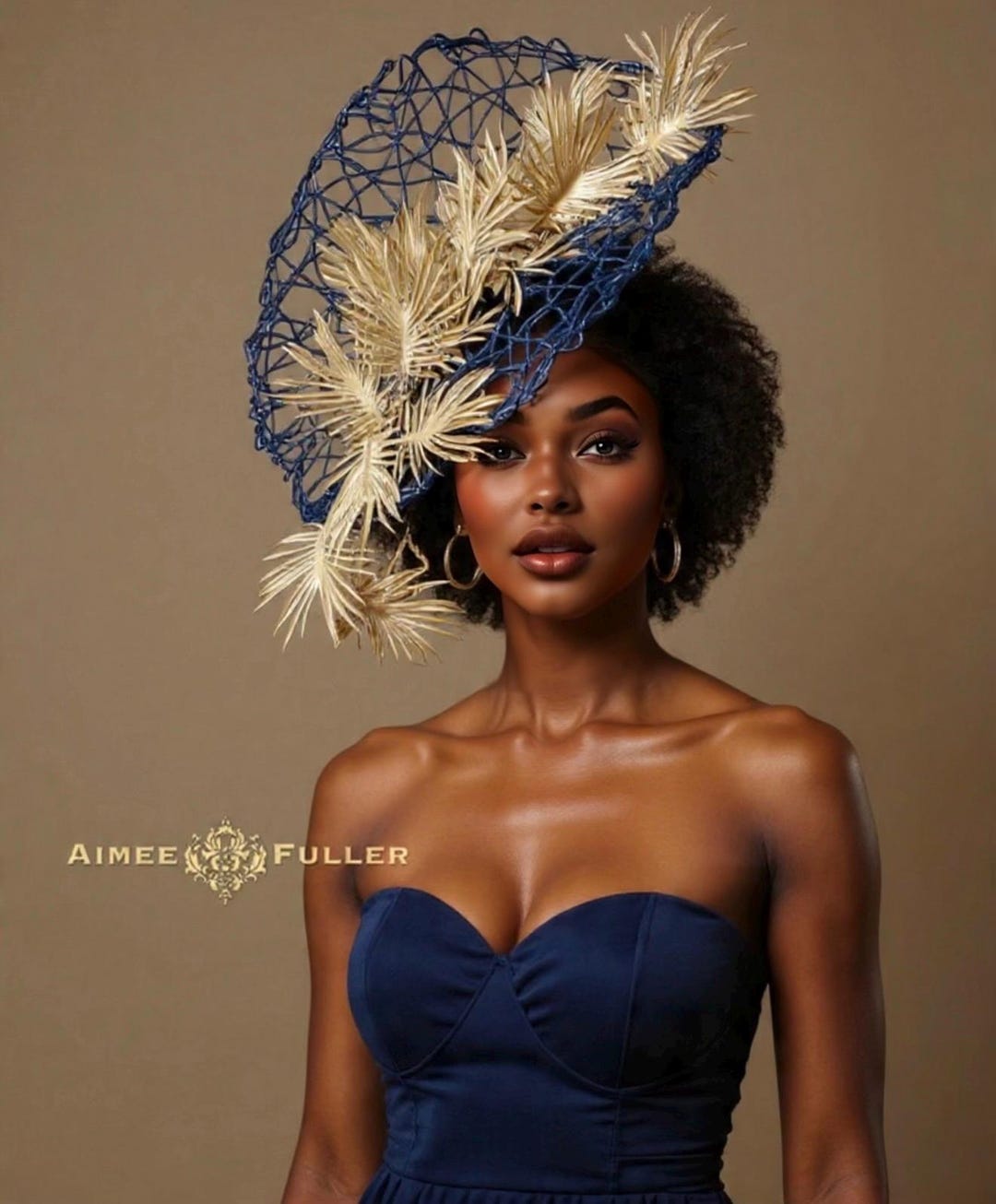 Kentucky Derby Fascinator Navy Blue and Mottled Gold Metallic Palm Leaf ...