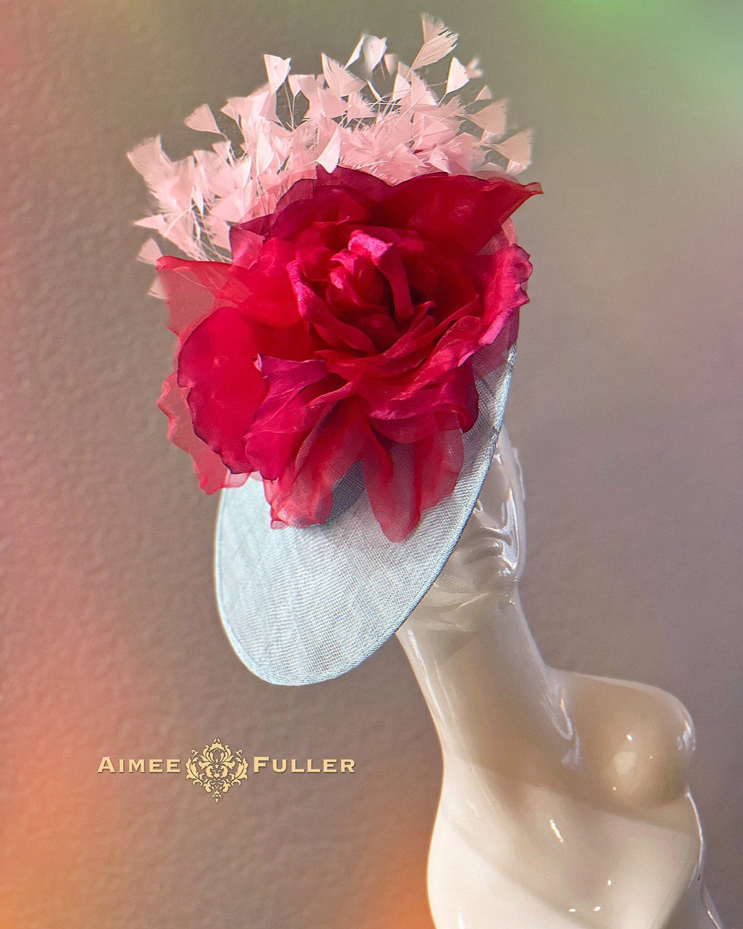 Kentucky Derby Hat, Light Powder Blue Sinamay Deep Fuchsia Pink Rose ...