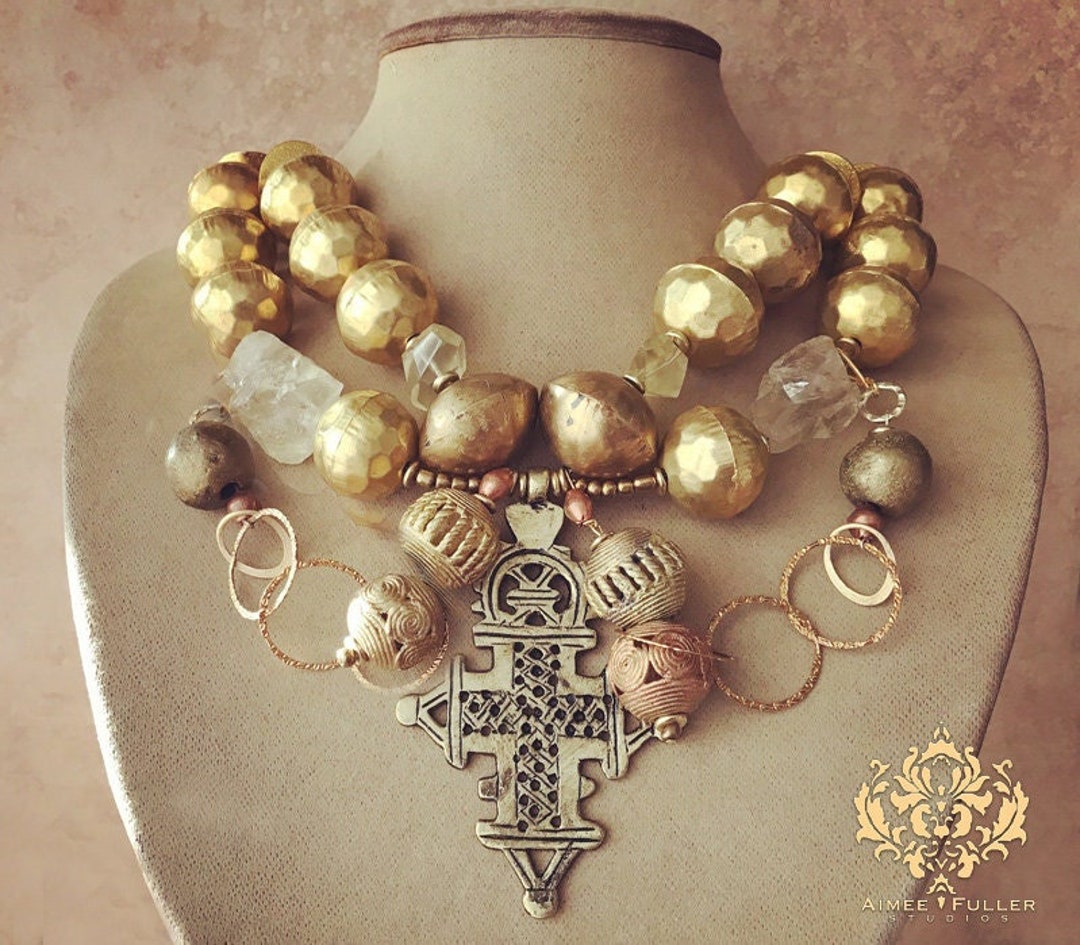 Aimee Fuller African Pendant Statement Necklace, Tribal Brass Coptic ...