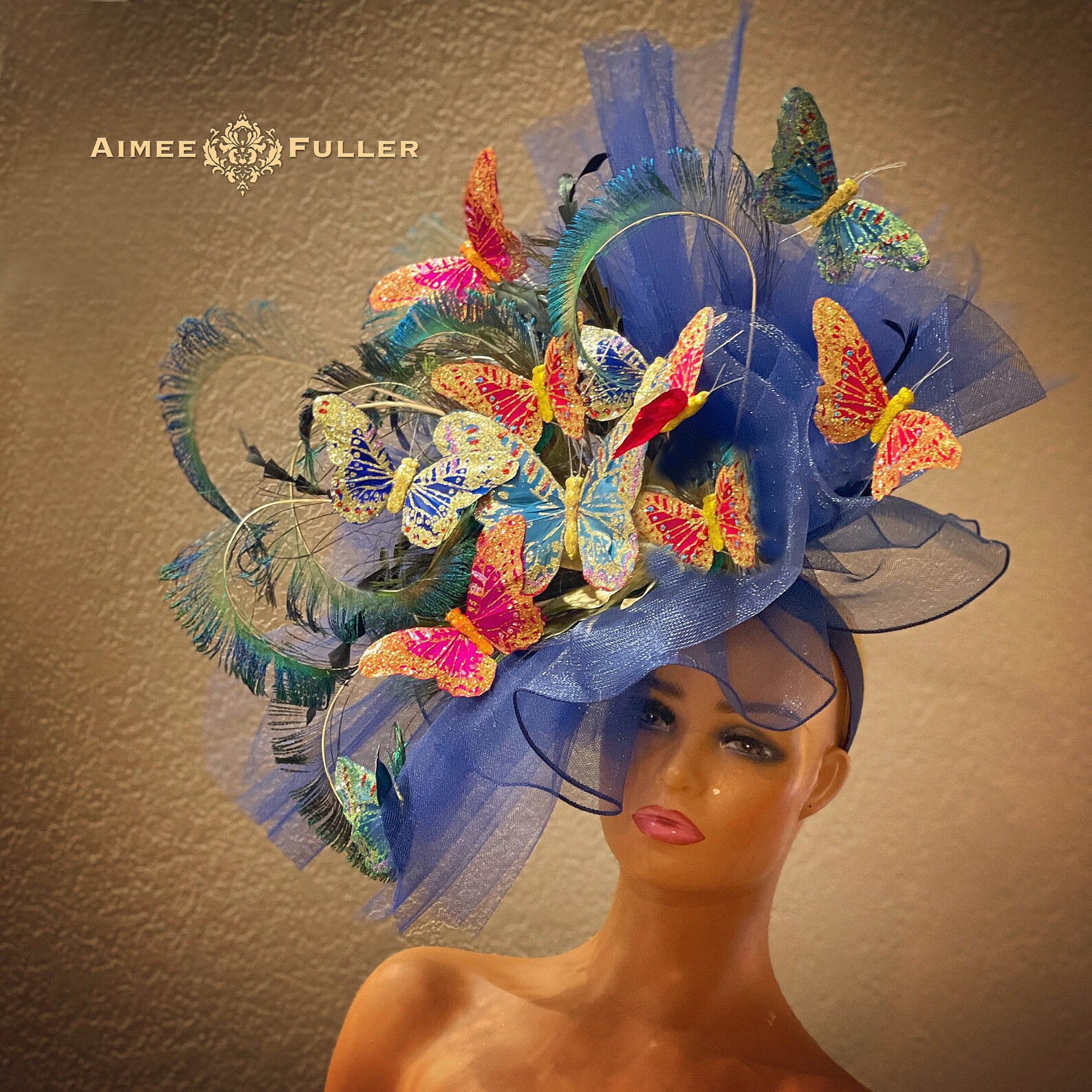 Aimee Fuller Kentucky Derby Hat, Blue Fascinator, Huge Peacock Feathers ...