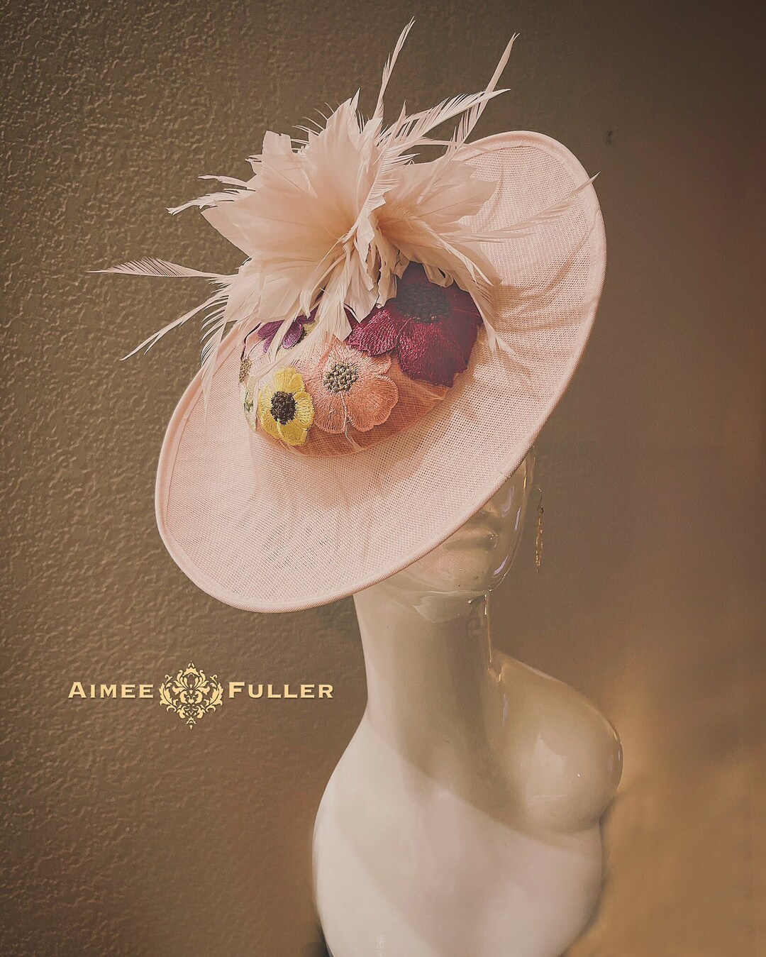 Kentucky Derby Hat Fascinator, High Tea Hat, Floral Applique Pale Peach ...