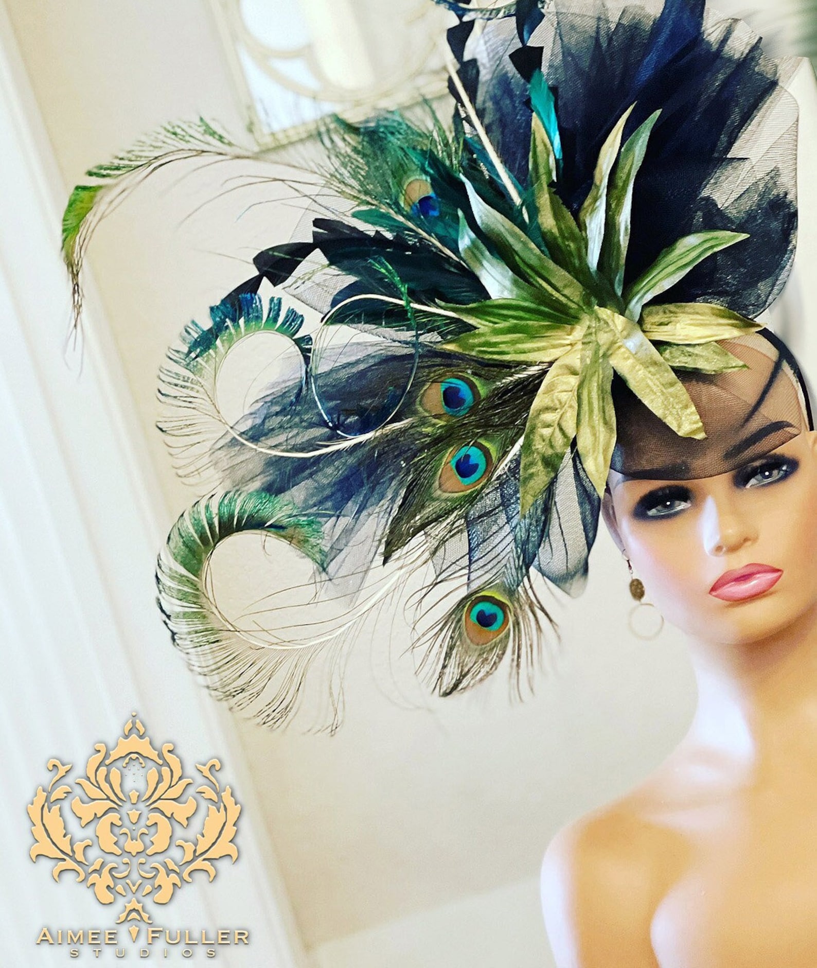 Aimee Fuller Kentucky Derby Hat, Blue Fascinator, Huge Peacock Feathers ...