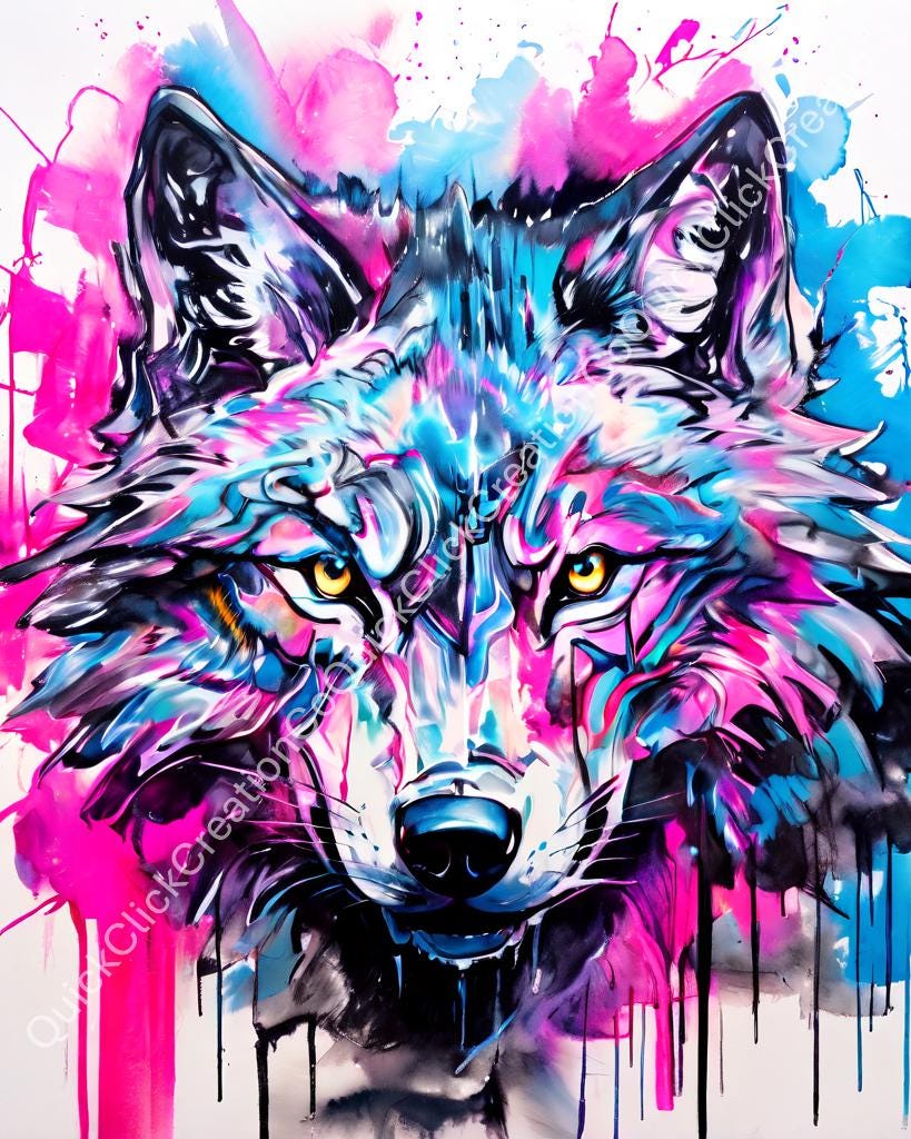 Voltage Wolf – Neon Graffiti Wolf Art Print, Urban Cyberpunk Wolf Wall ...