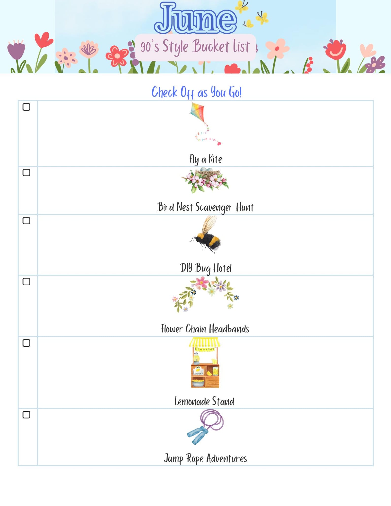 90s Style June Bucket List Printable – Retro Spring Activities for Kids ...