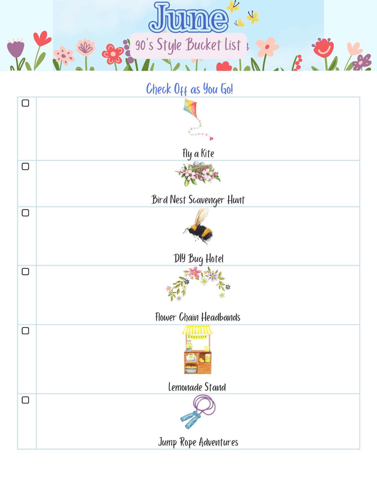 90s Style June Bucket List Printable – Retro Spring Activities for Kids ...
