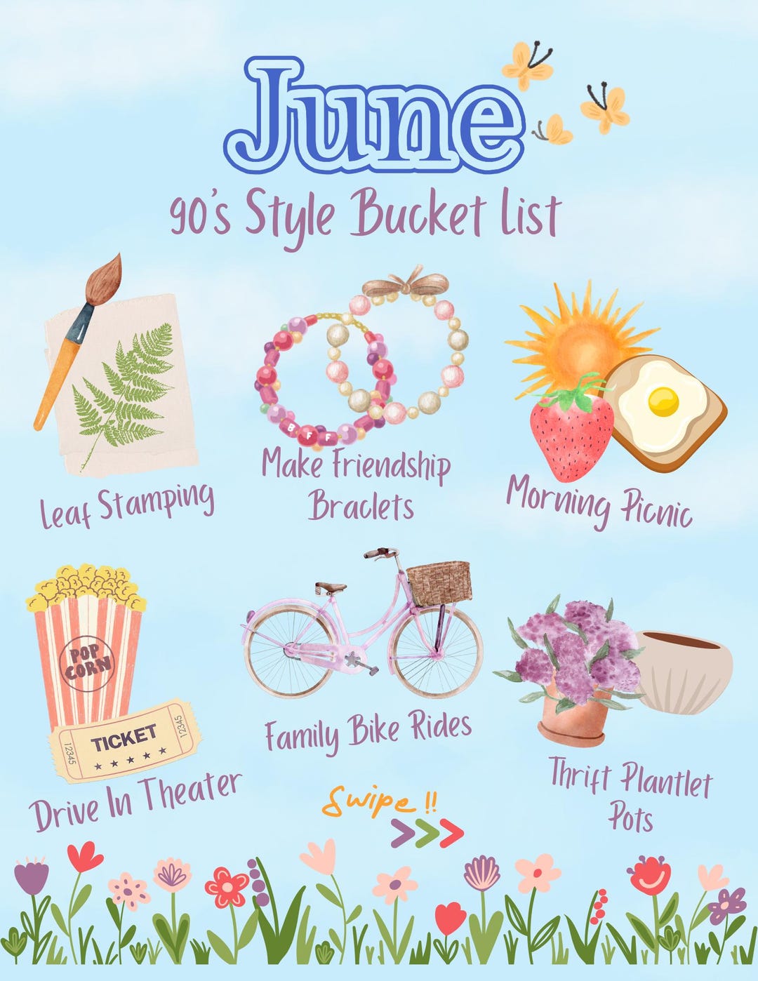 90s Style June Bucket List Printable – Retro Spring Activities for Kids ...