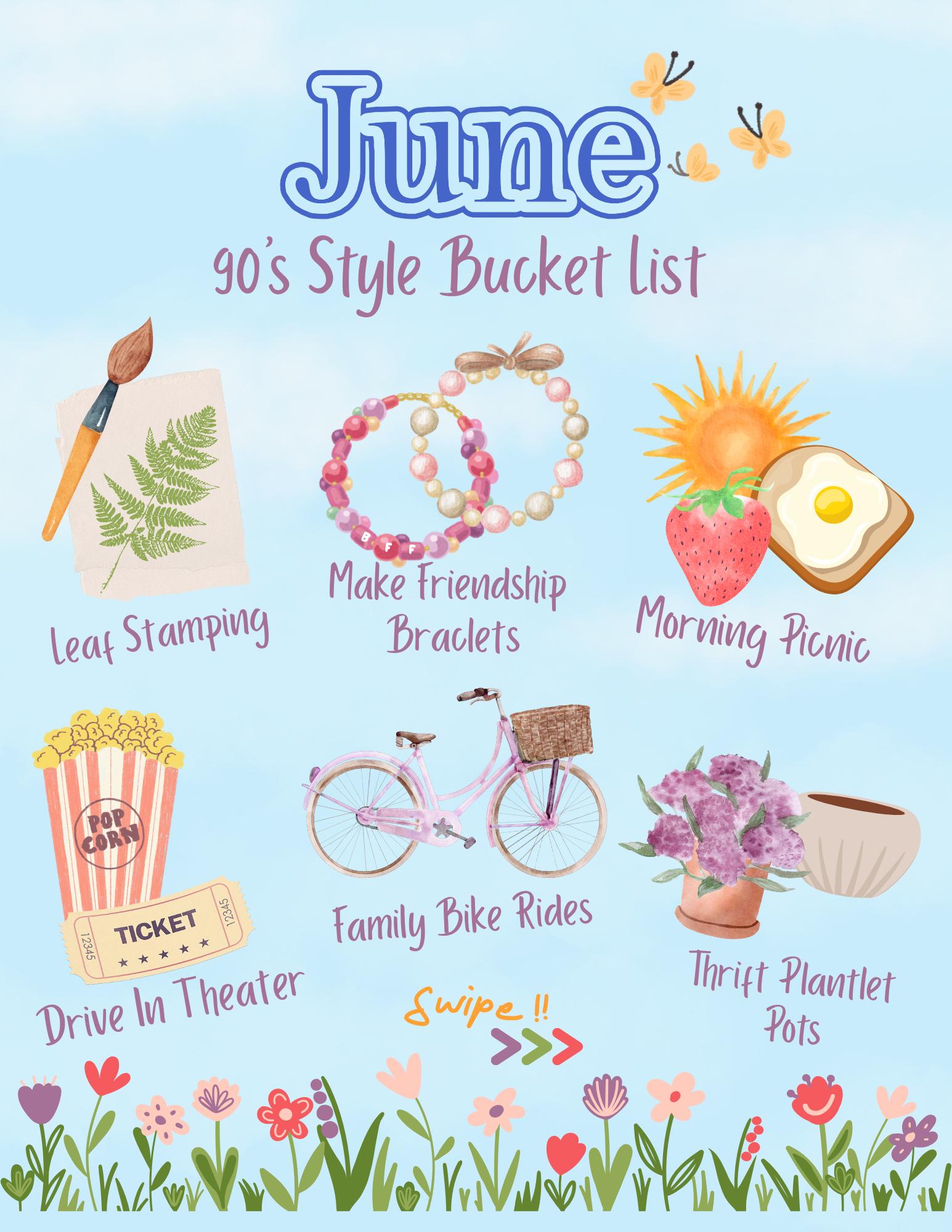 90s Style June Bucket List Printable – Retro Spring Activities for Kids ...