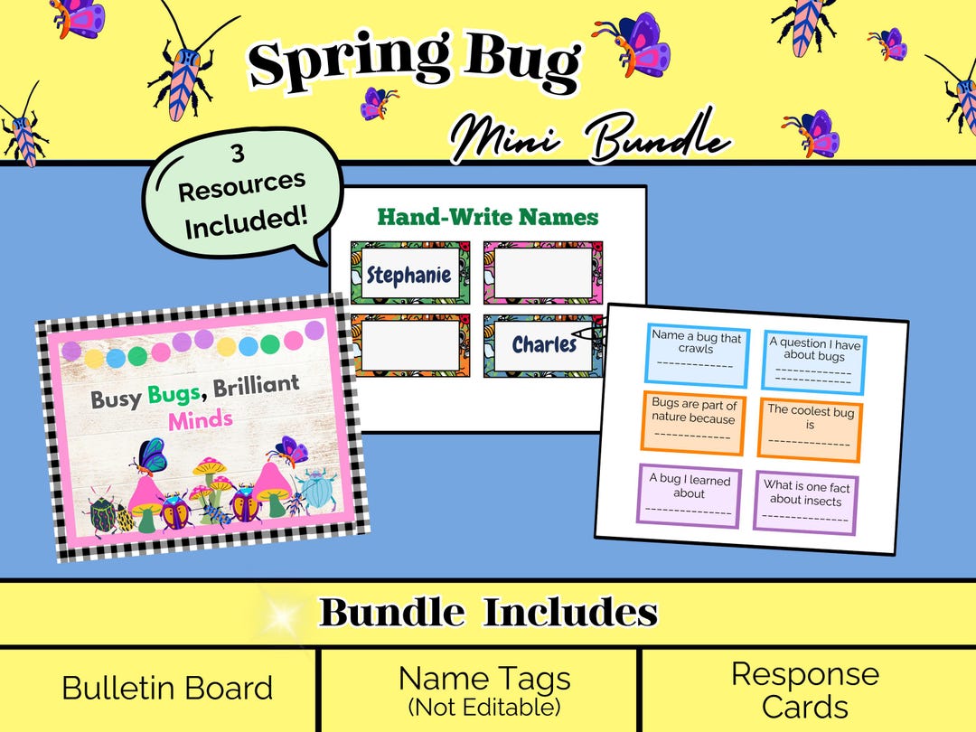 Spring Bug Classroom Decor Bundle | Bulletin Board, Name Tags & Writing ...