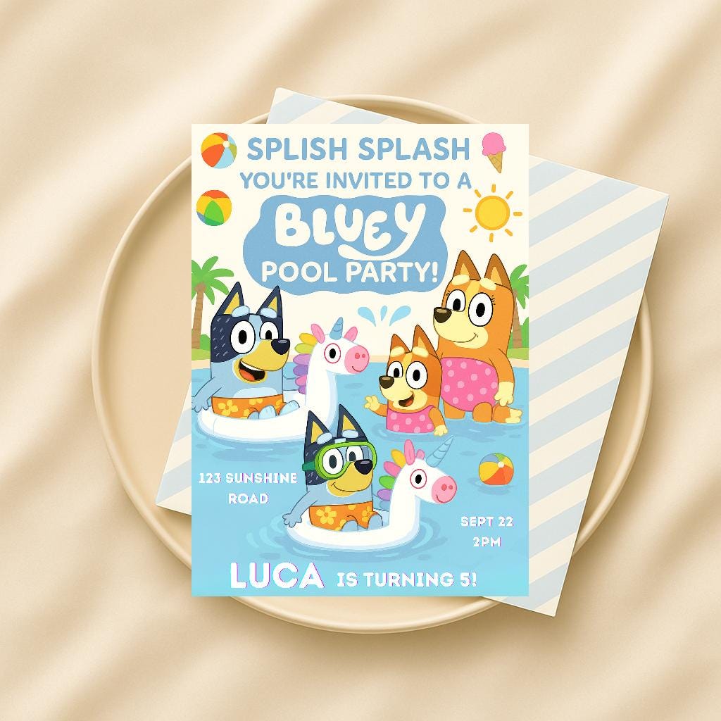 Editable Bluey Pool Party Birthday Invitation, Bluey Birthday ...