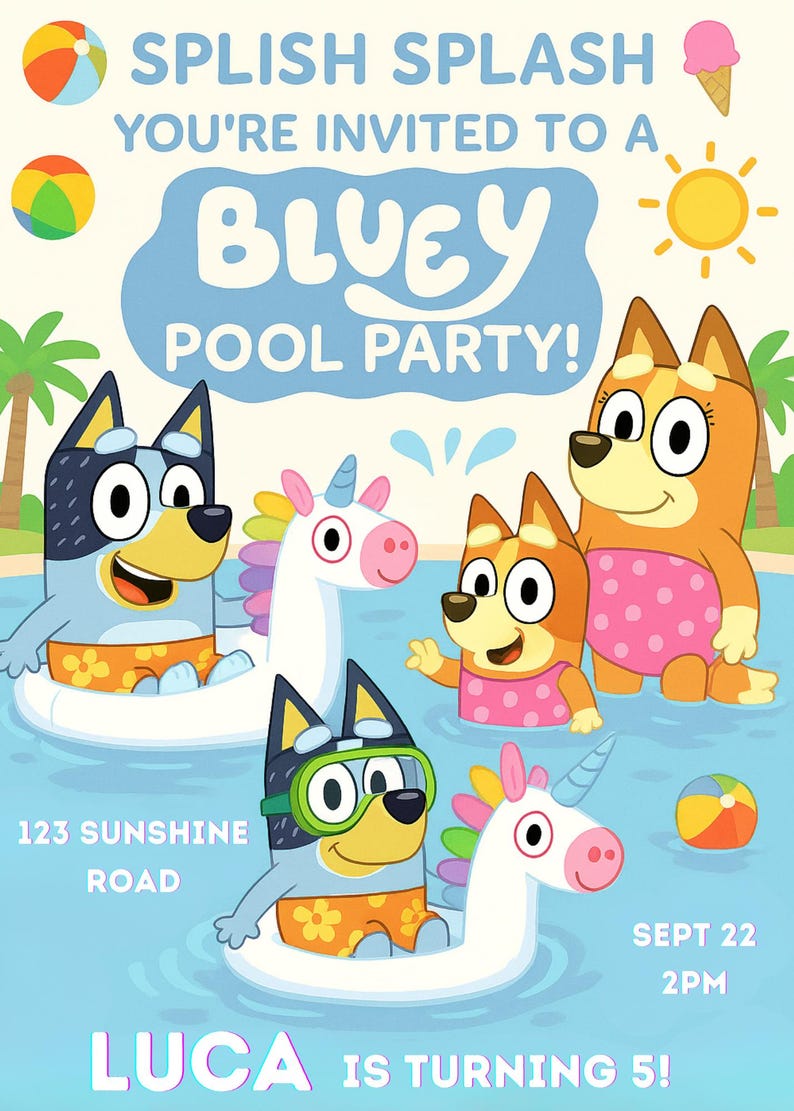 Editable Bluey Pool Party Birthday Invitation, Bluey Birthday ...