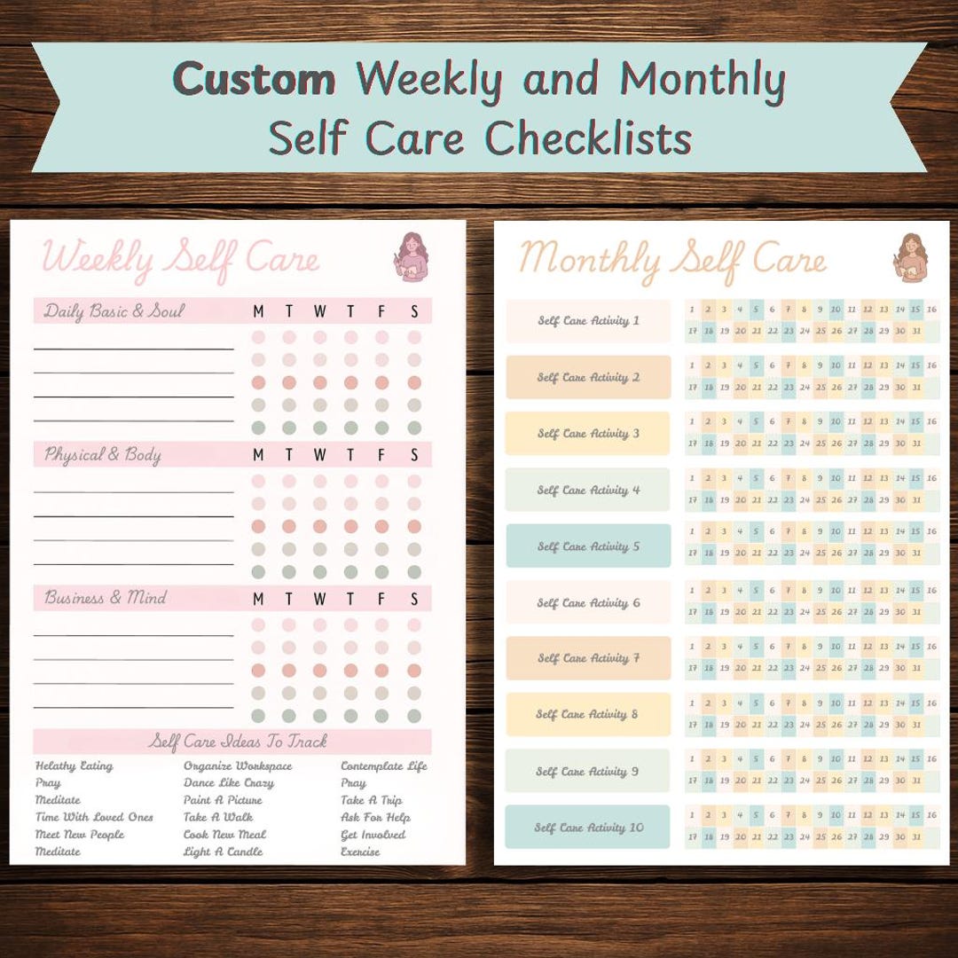 Weekly and Monthly Self Care Checklist Printable • Canva Editable Self ...