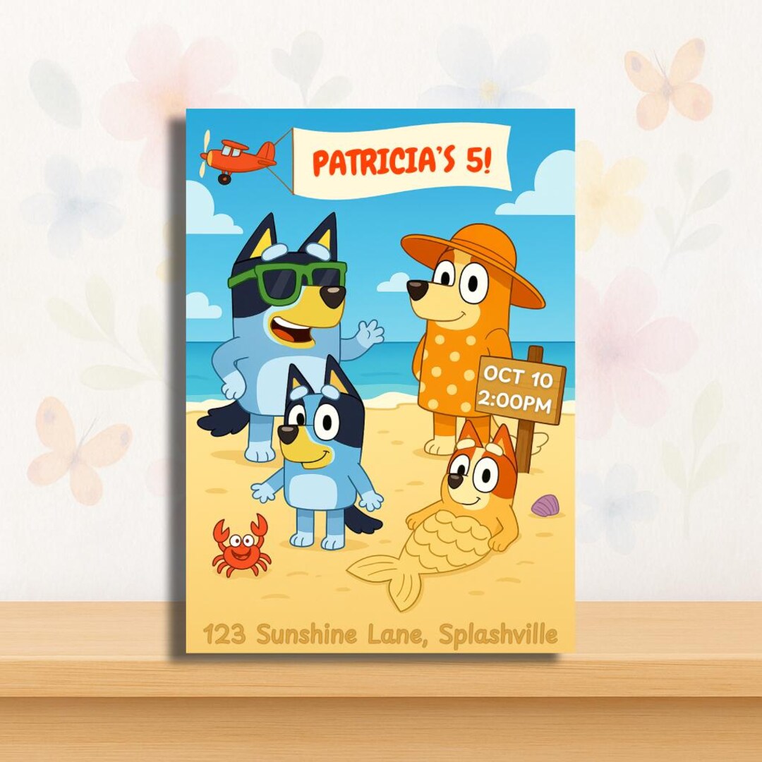 Bluey Beach Birthday Invitation: Editable Canva Template (digital ...