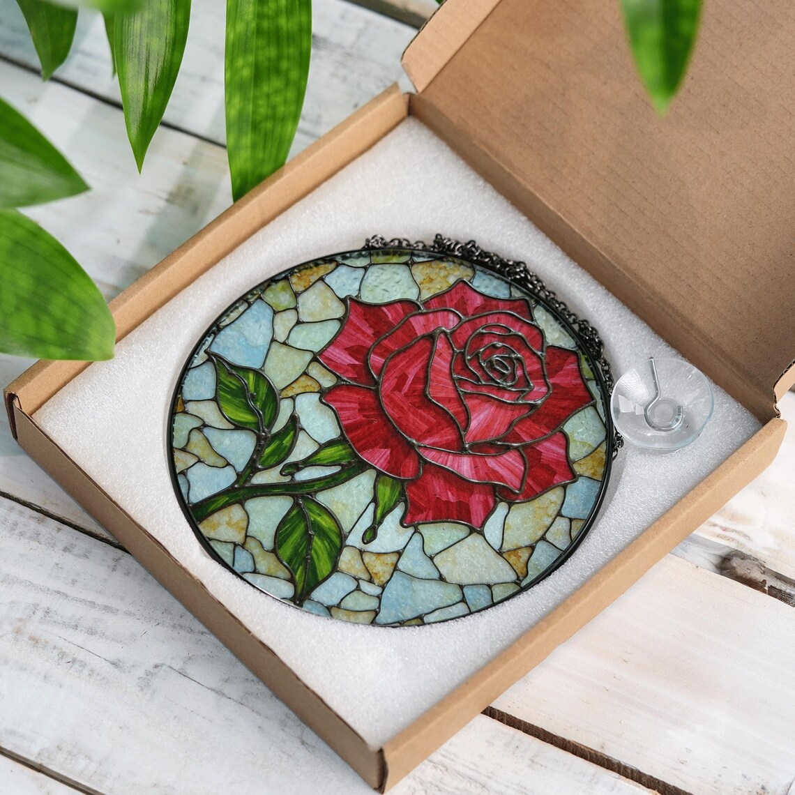 Red Rose Flower Round Stained Glass Suncatcher Window Hanging Gift for ...
