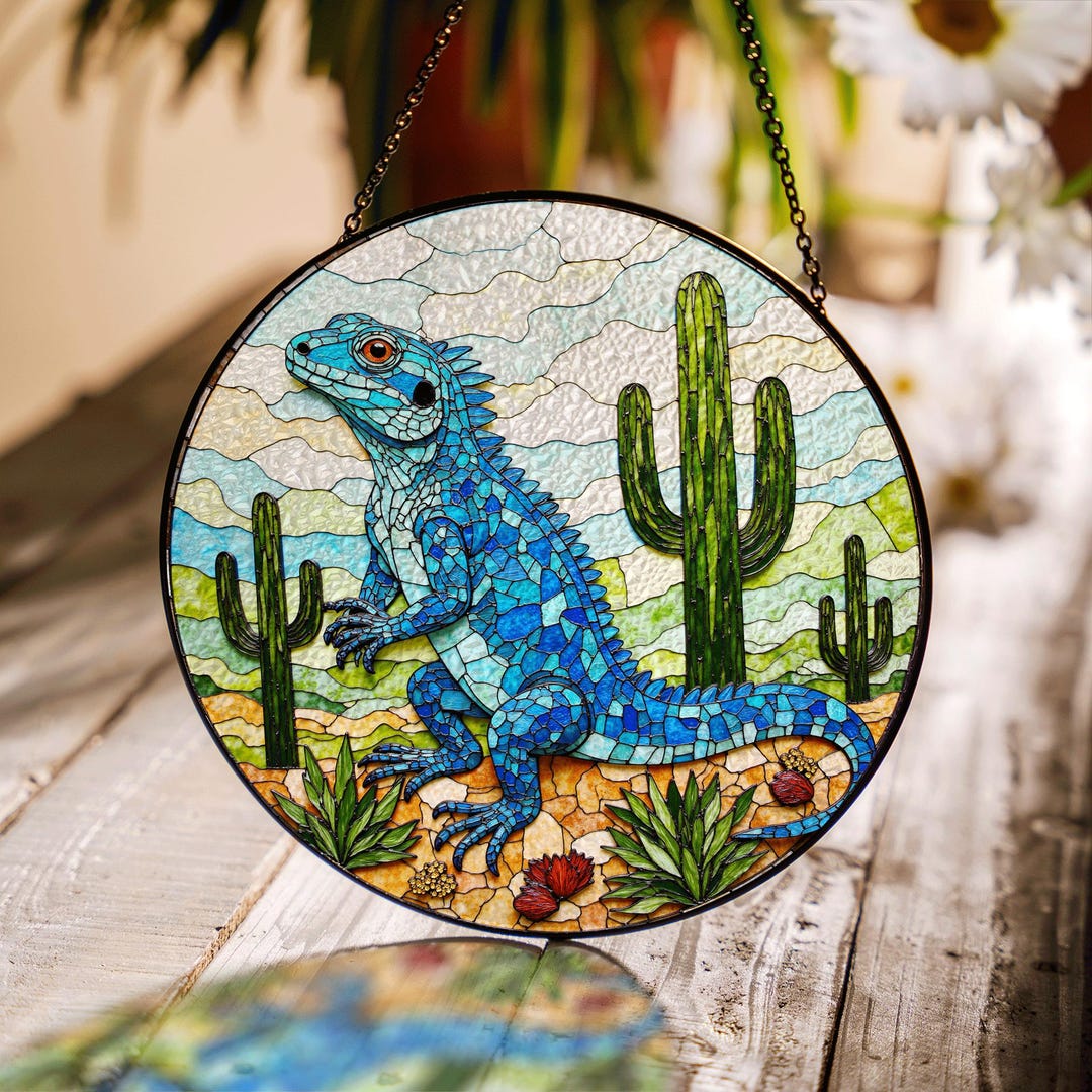 Blue Lizard Desert Scene Suncatcher Stained Glass Style Window Decor ...