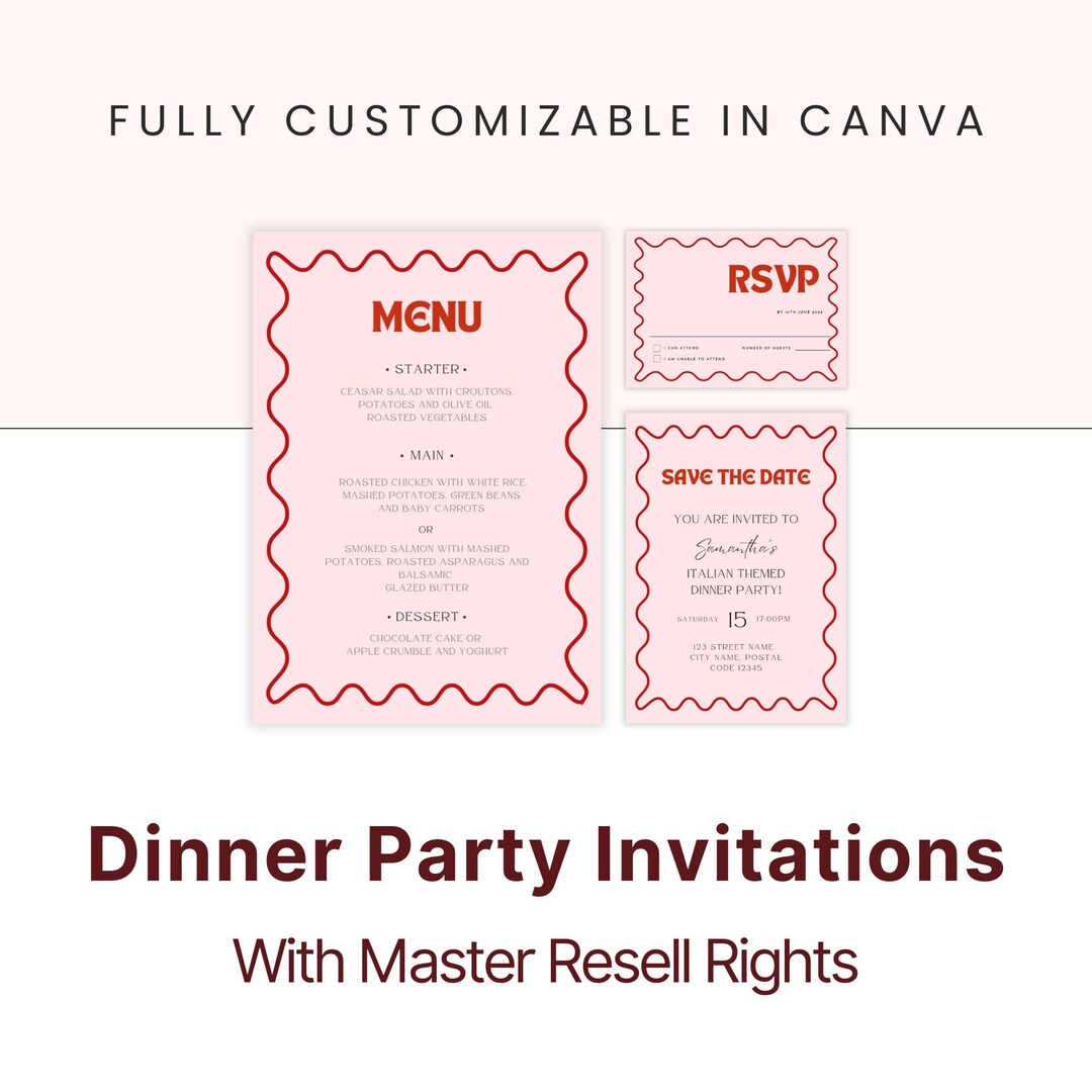 Retro Dinner Party Invitations, Menu RSVP Cards, Master Resell Rights ...