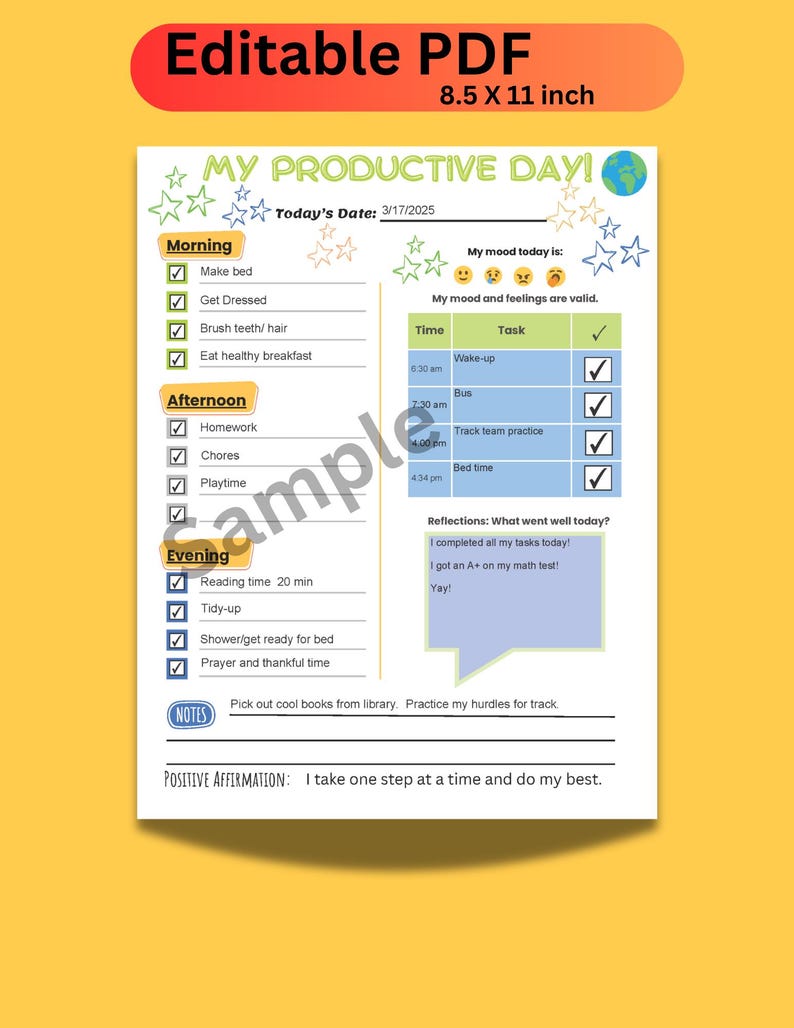 Editable Printable Daily Planner for Kids - Fun & Colorful Schedule, Homework and Chores ...