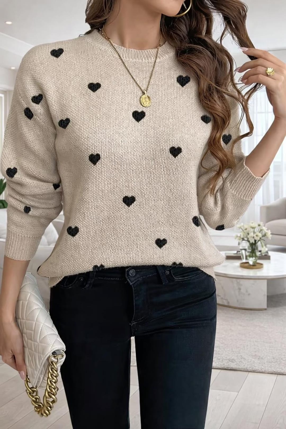 Cute Heart Sweater Women, Spring Knit Sweater, Soft Crewneck Pullover ...