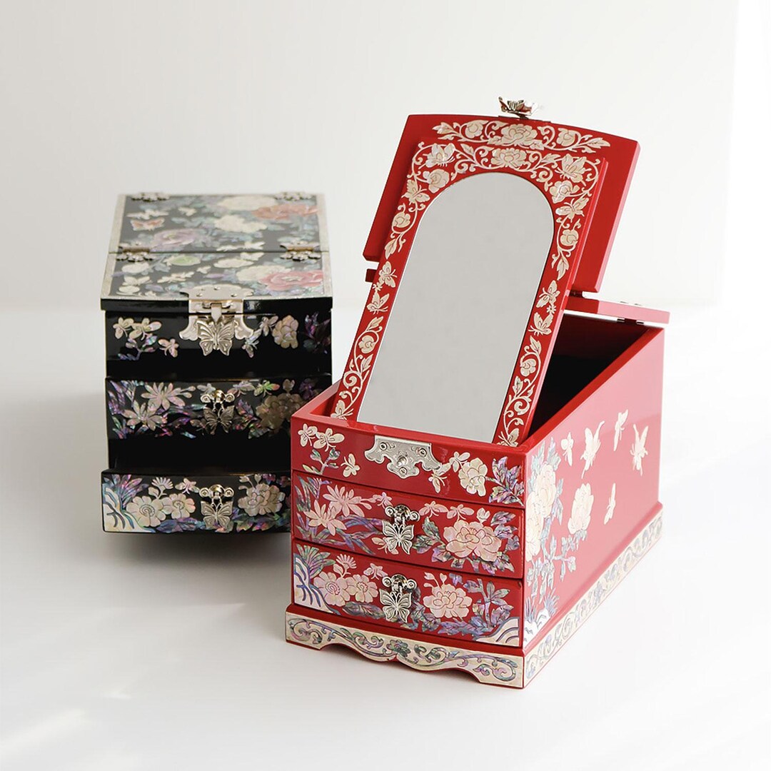 Korean Mother-of-pearl Jewelry Box – Handmade Peony Design 2-drawer ...