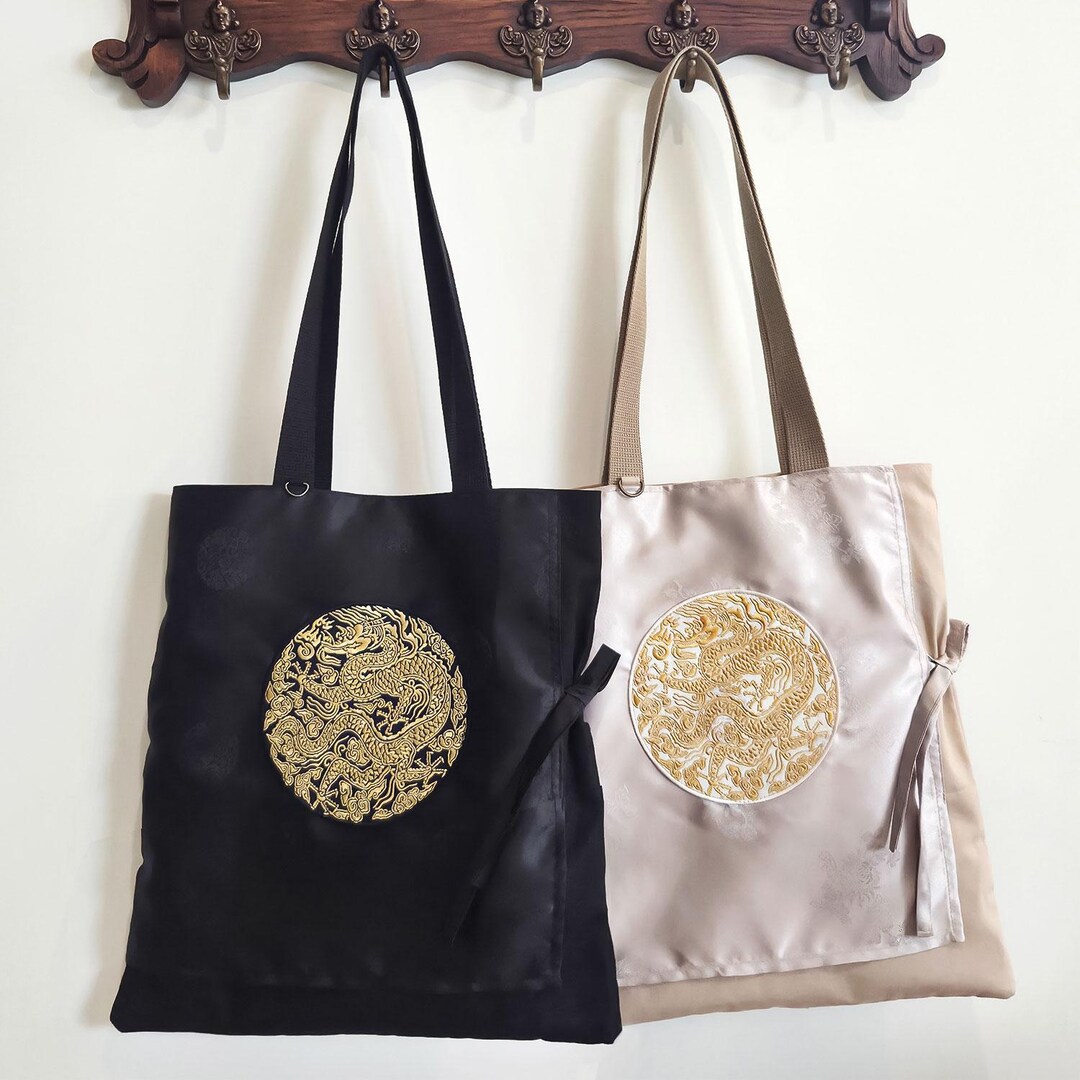 Korean Dragon Tote Bag, Gonryongpo Hanbok Design, Gold Embroidered ...