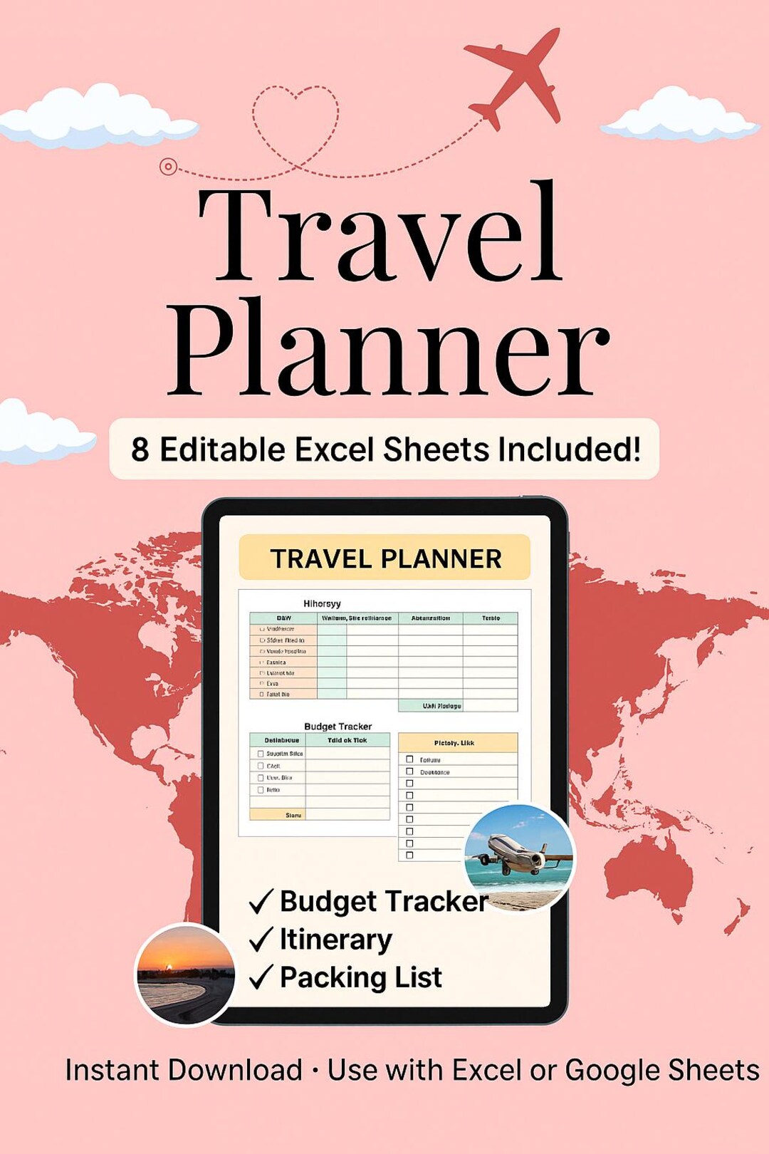 Travel Planner Excel Template Digital Trip Itinerary Budget Tracker ...