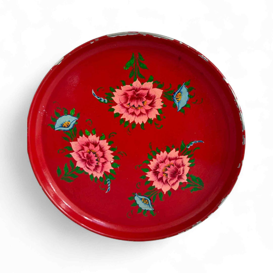 Vintage Hand Painted Red Metal Tray - Etsy