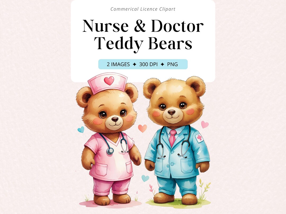 Nurse & Doctor Teddy Bear, Clipart, Instant Download, Watercolour ...