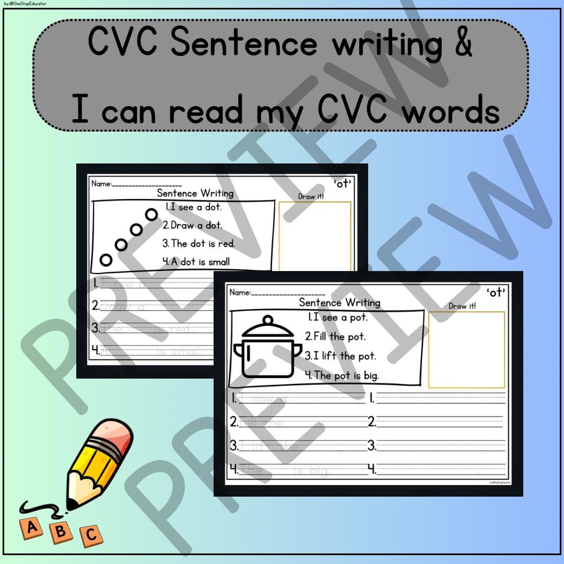 CVC Writing Sentences Worksheet | CVC ‘og/op/ot Families Words | I Can ...