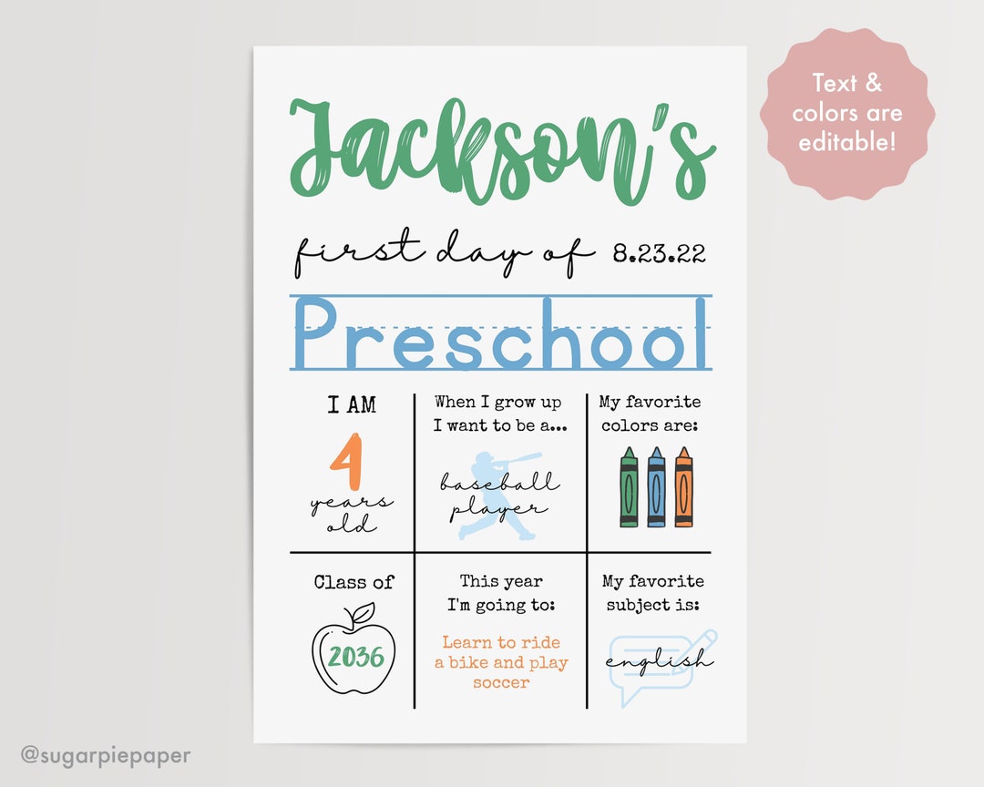 First Day of Preschool Poster, Kids Milestone Print, Preschool ...