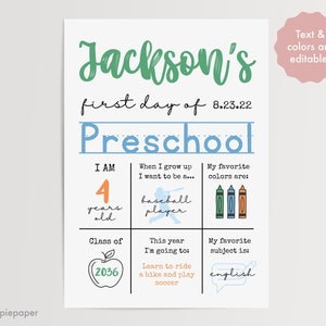First Day of Preschool Poster, Kids Milestone Print, Preschool ...