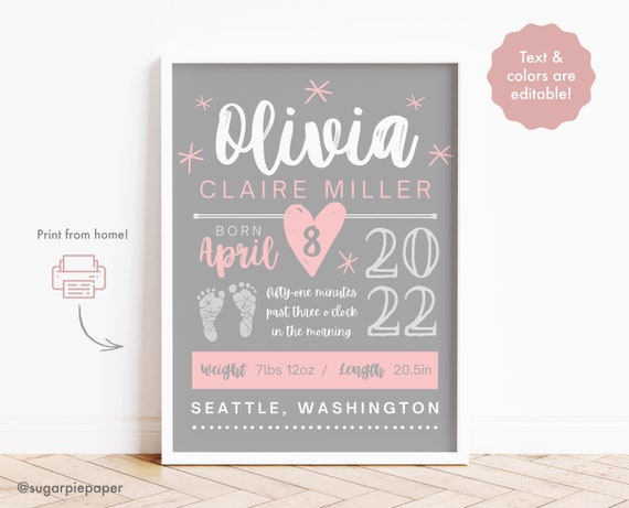 Birth Stats Sign Printable Birth Announcement Template - Etsy