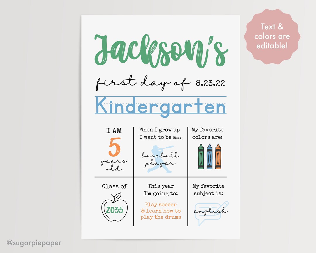 First Day of Kindergarten Poster, Personalized School Sign Printable ...