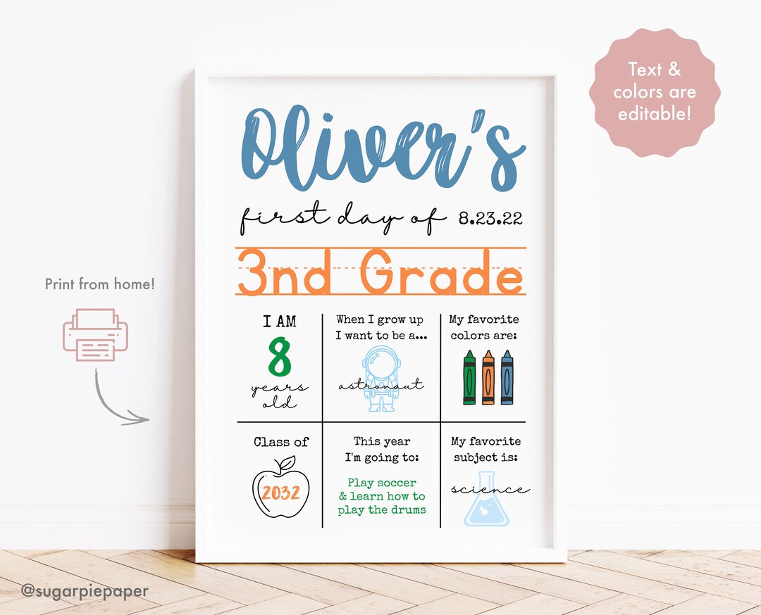 First Day of 3rd Grade Sign, Back to School Printable, Editable School ...