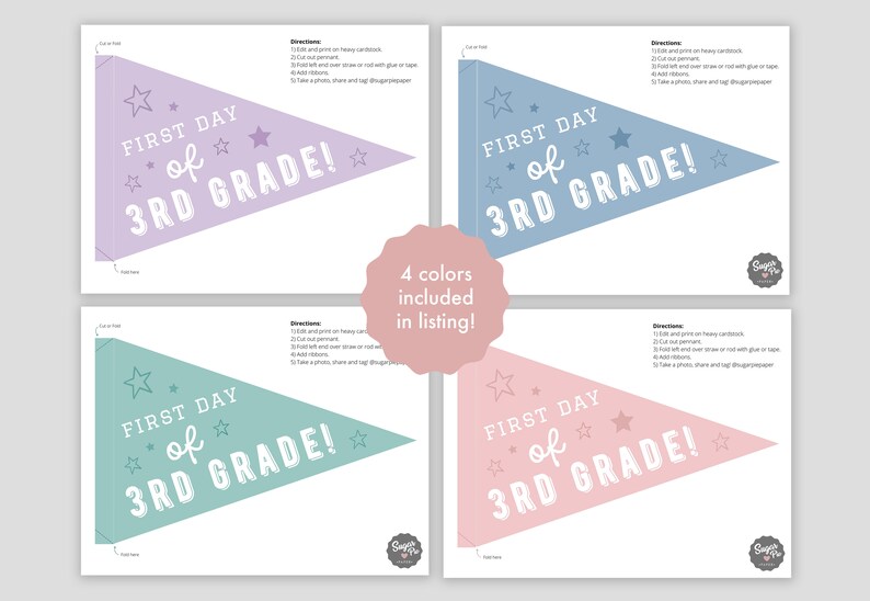 First Day 3rd Grade Flag Printable, Back to School Pennant, 1st Day of ...