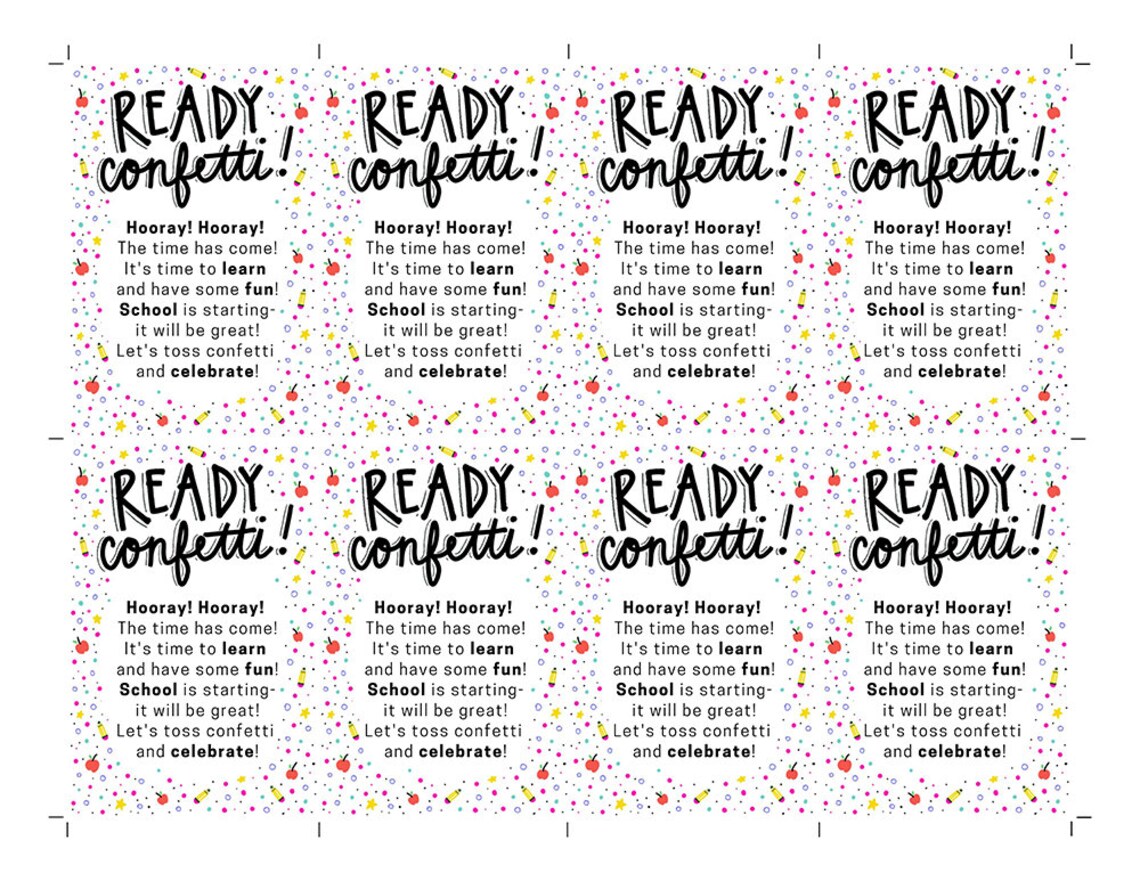 Ready Confetti, Back to School Tags, First Day of School Kindergarten ...