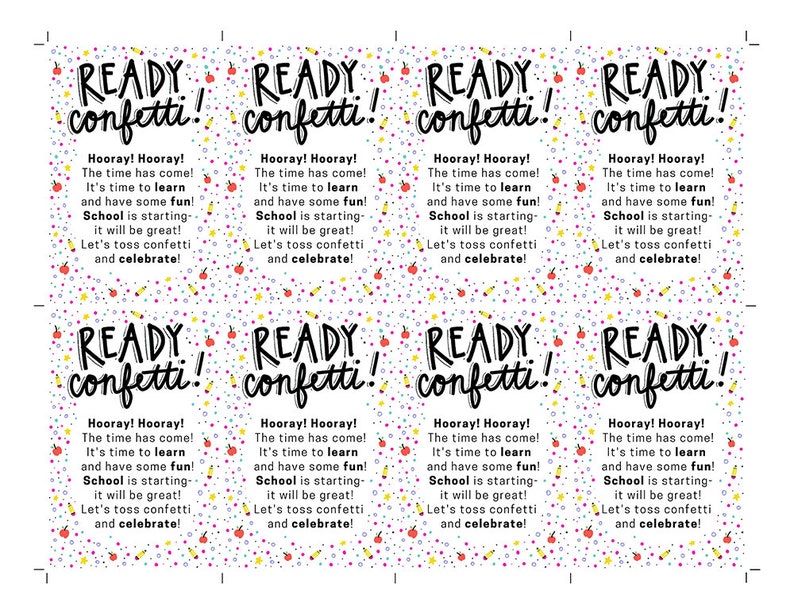 Ready Confetti, Back to School Tags, First Day of School Kindergarten ...