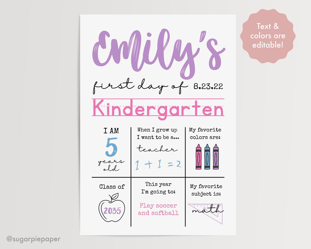 First Day of Kindergarten Poster, Personalized School Sign Printable ...