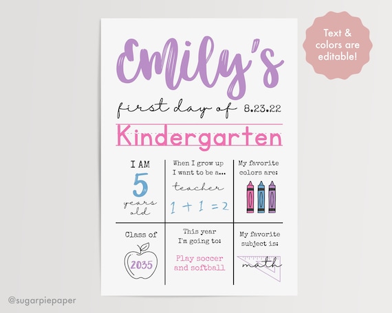 First Day of Kindergarten Poster Personalized School Sign - Etsy