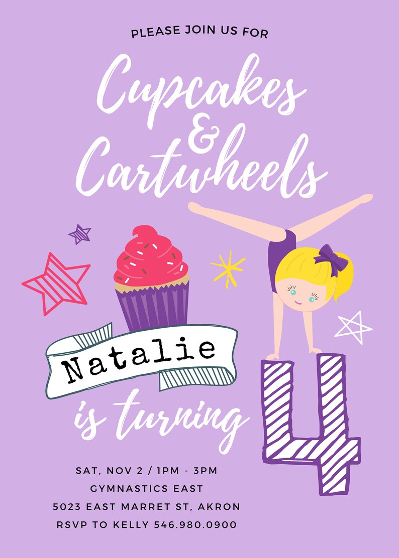 Gymnastics Invitation, Cartwheels and Cupcakes, Gym Birthday, Kids ...