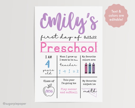 First Day of Preschool Poster Kids Milestone Print Preschool - Etsy
