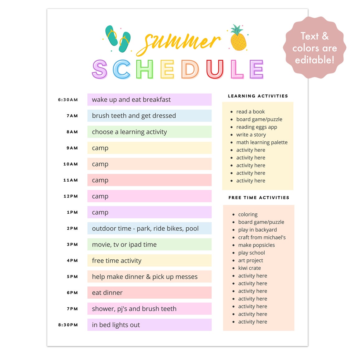 Editable Kids Schedule, Kids Summer Schedule, Summer Routine Chart ...