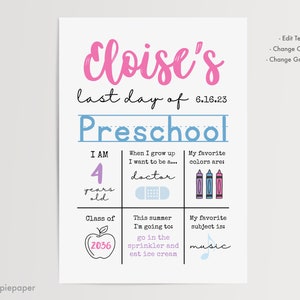 Last Day of Preschool, Milestone Poster Template, End of School Year ...