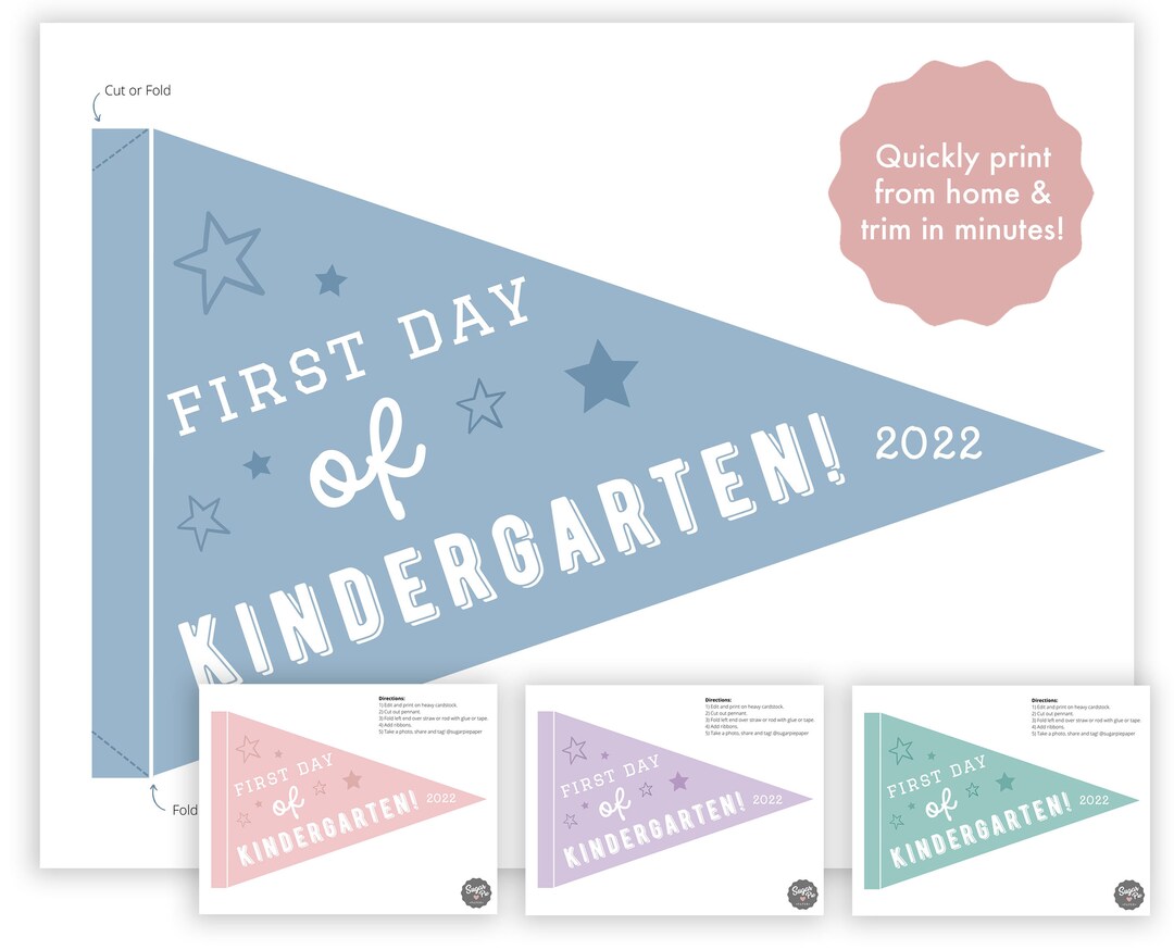 First Day Kindergarten Flag Printable Back to School Pennant - Etsy